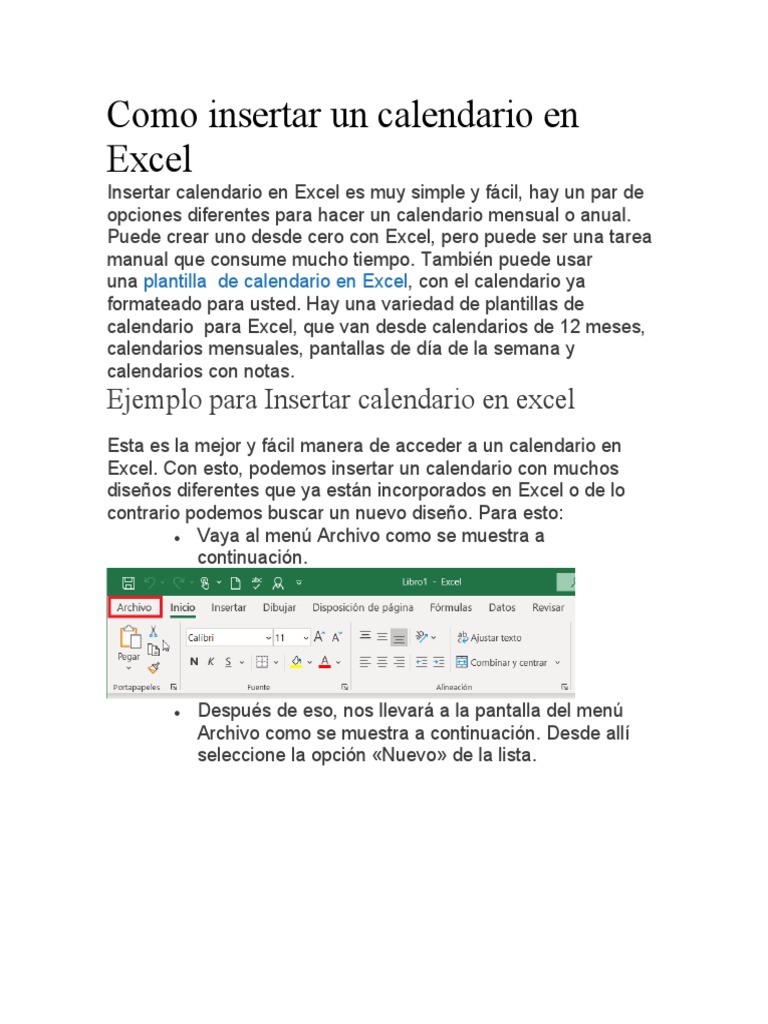 Como Insertar Un Calendario en Excel | PDF | Calendario | Microsoft Excel
