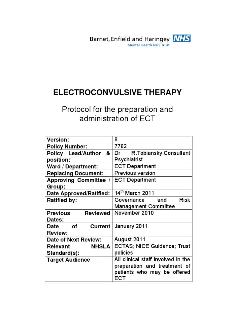 ECT Trust Wide Medical Protocol UPDATE | PDF | Electroconvulsive ...