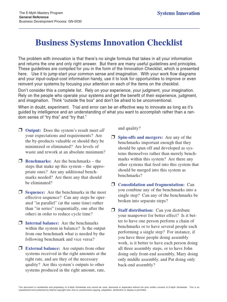 Business Systems Innovation Checklist | PDF | Economics | Marketing