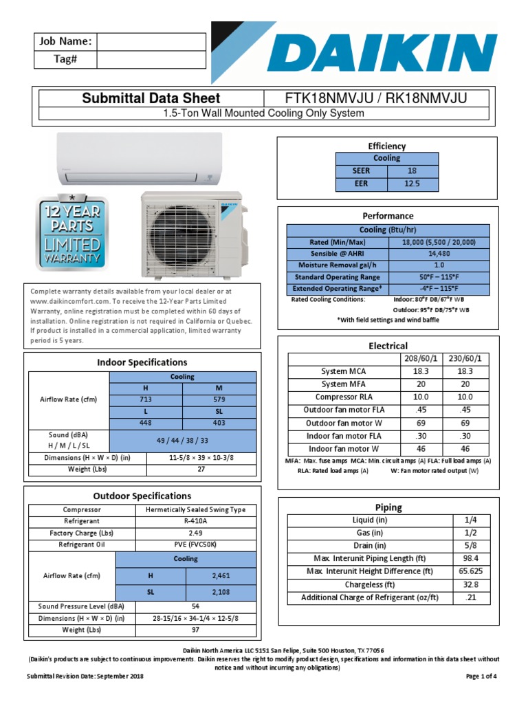TDS Daikin FTK18NMVJU | PDF | Temperature | Machines