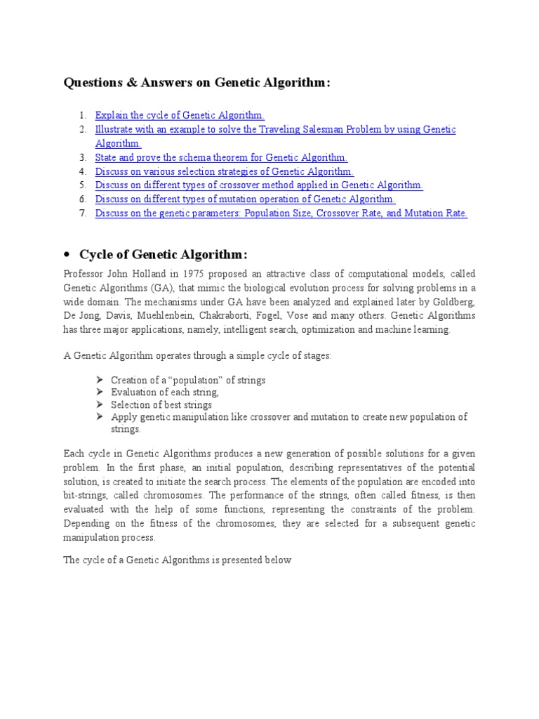 Questions & Answers On Genetic Algorithm | PDF | Genetic Algorithm | Mathematical Concepts