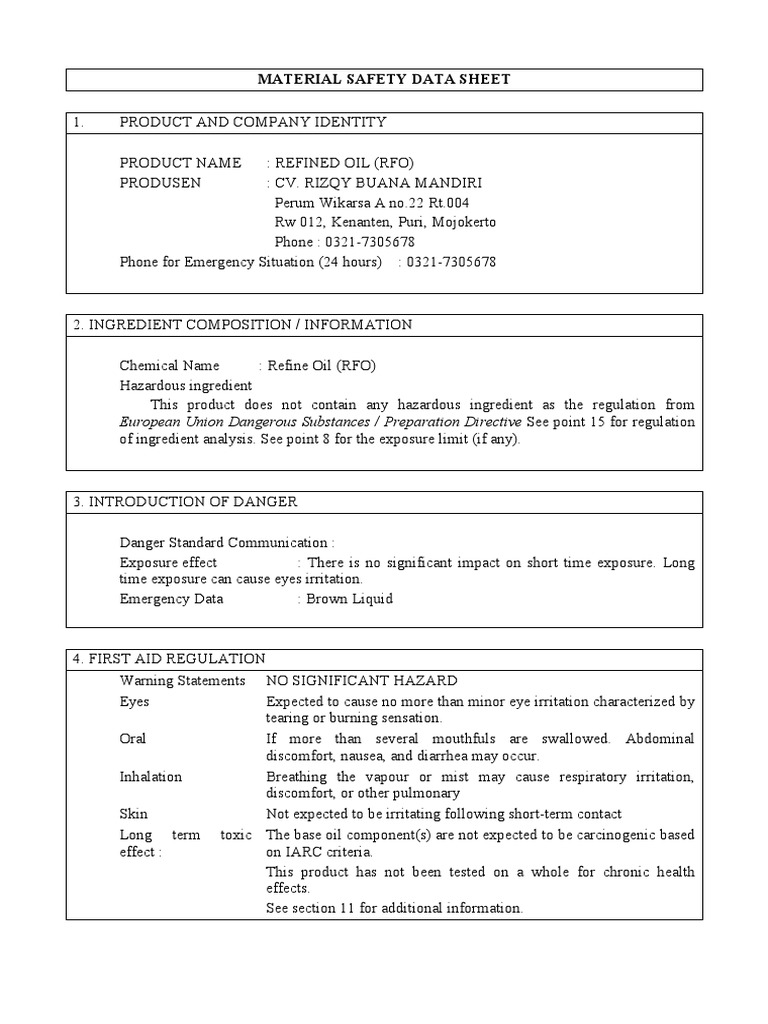 MSDS REFINED OIL - International | PDF | Combustion | Dangerous Goods