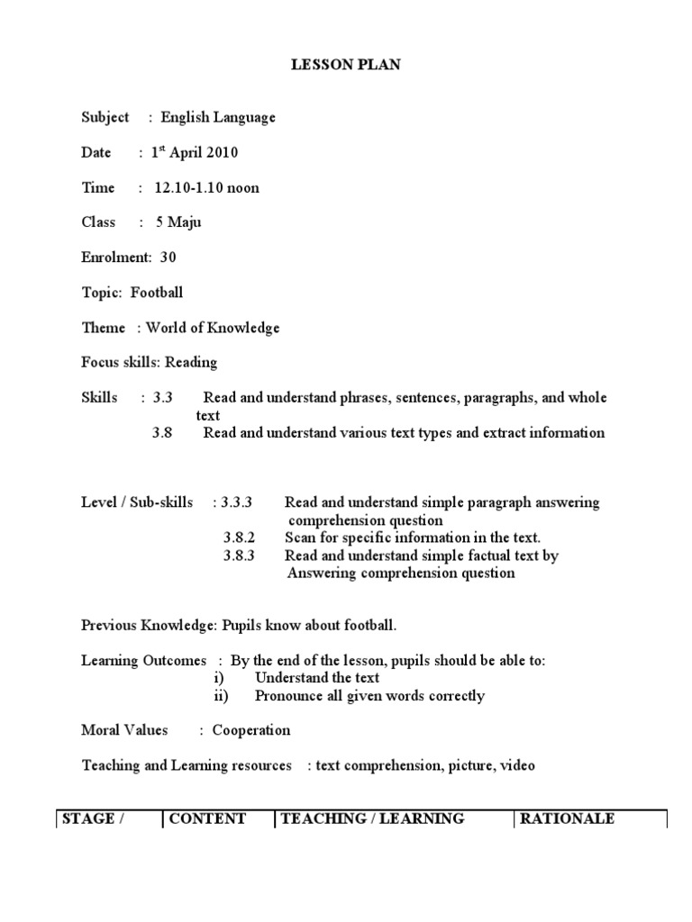 Football Lesson Plan for English Class | PDF | Reading Comprehension ...