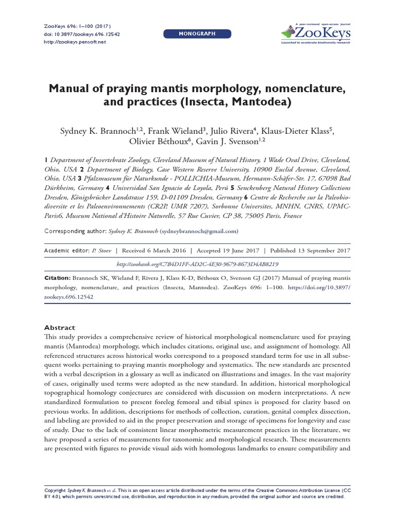 Manual of Praying Mantis Morphology, Nomenclature, and Practices ...