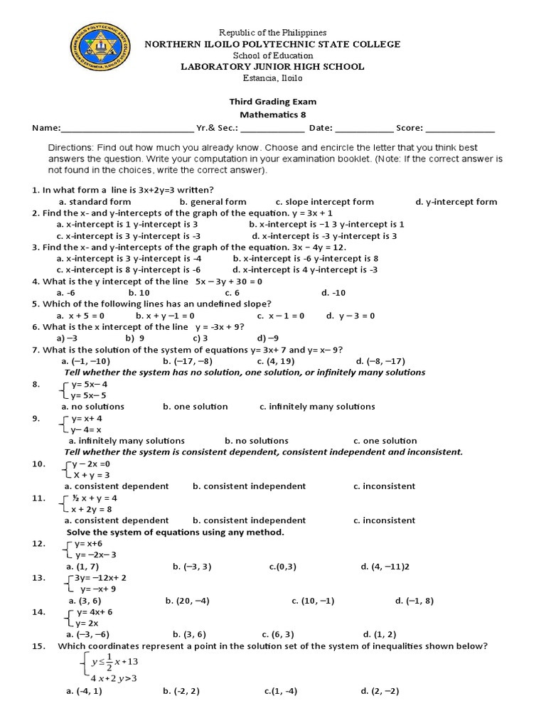 Grade 8 Multiple 3rd Grading | PDF | System Of Linear Equations | Equations