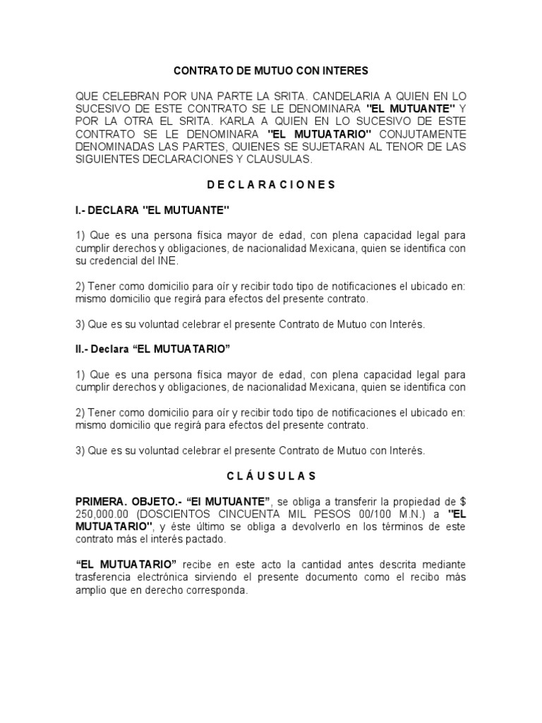 Contrato de mutuo con inters y garanta hipotecaria Contrato de Mutuo ...