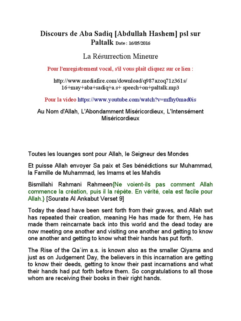 Résurrection Mineure: Discours d'Aba Sadiq | PDF | Doctrines et ...