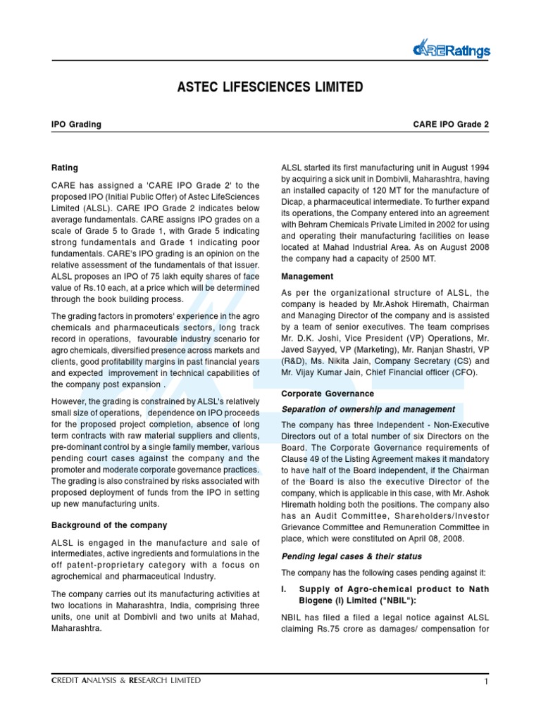 Astec Lifesciences Limited: IPO Grading Care Ipo Grade 2 | PDF ...