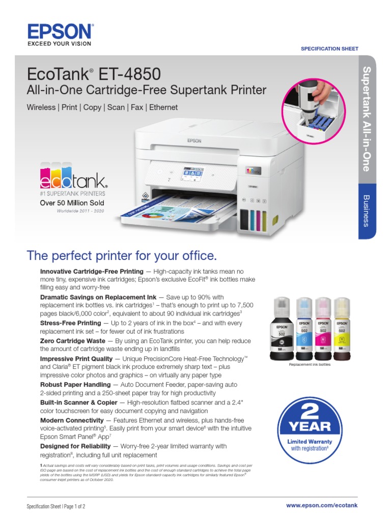 EcoTank ET-4850 White Printer Specification Sheet CPD-61362 | PDF ...