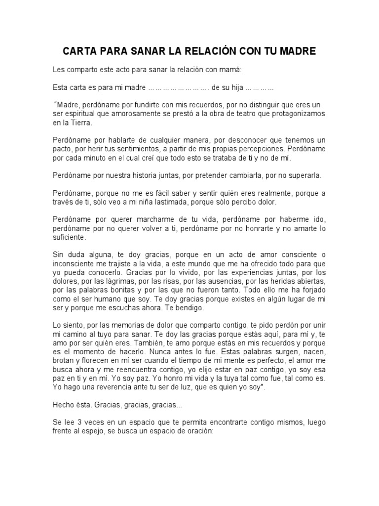 Carta Para Sanar La Relación Con Tu Madre Pdf Perdón Oración 