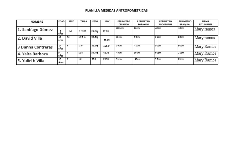 Planilla Medidas Antropometricas | PDF