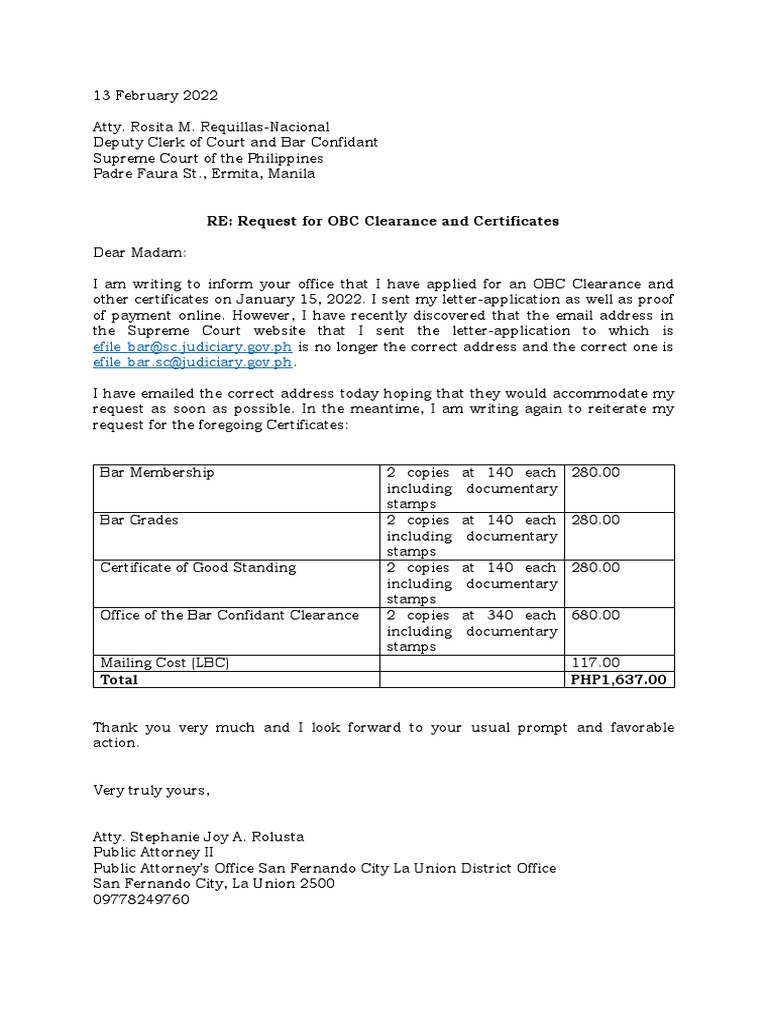 RE: Request For OBC Clearance and Certificates: Efile - Bar@sc ...