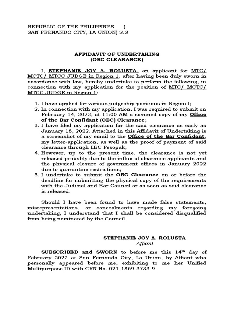 Affidavit of Undertaking - OBC Clearance - FINAL | PDF