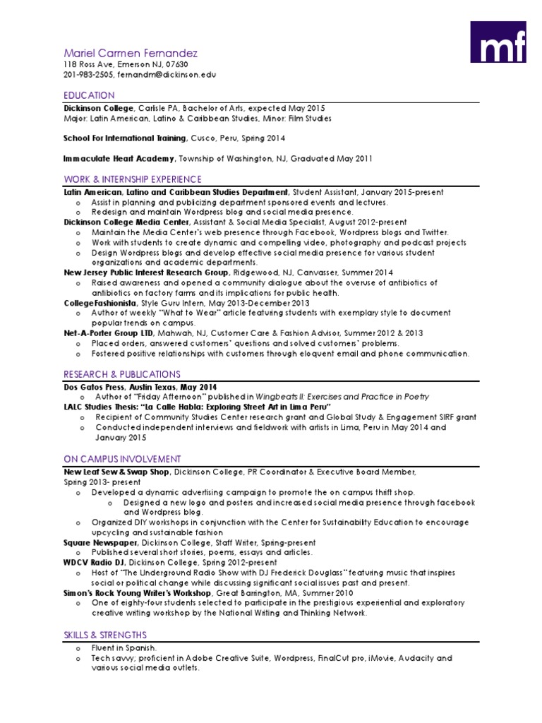 Mariel C Fernandez - Resume 2015 | PDF | Communication | Mass Media