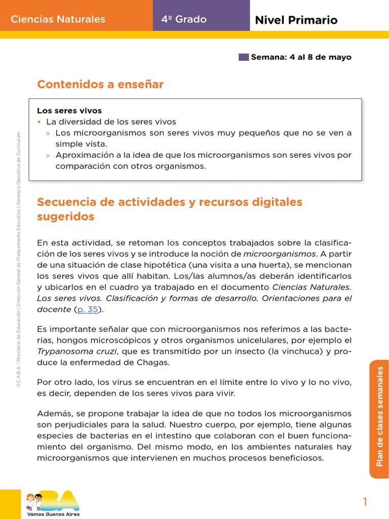 Plan Clases Prim Csnat 4 Q1mayo | PDF | Microorganismo | Plan de estudios