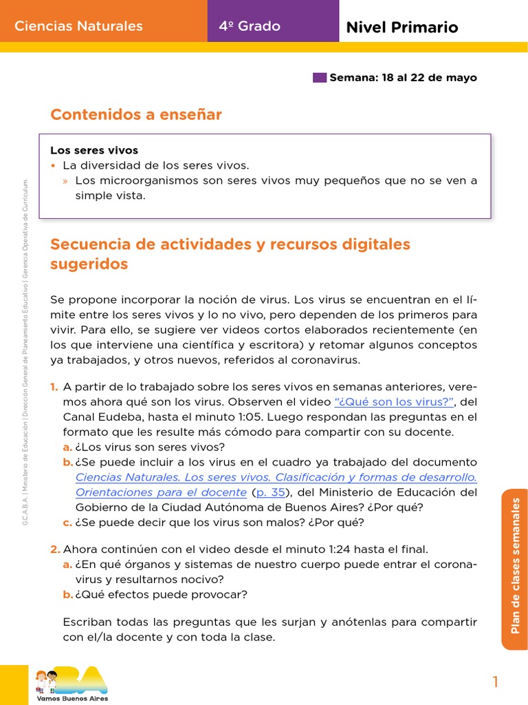 Plan Clases Prim Csnat 4 Q2mayo | PDF | Virus | Plan de estudios