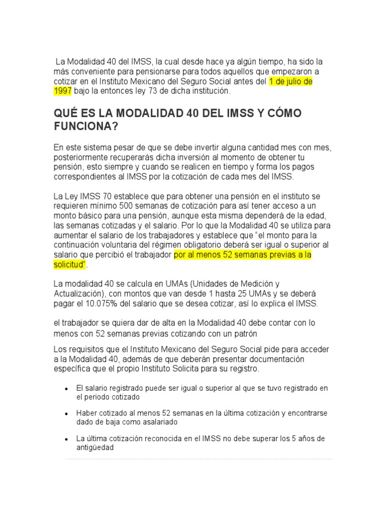 Modalidad 40 del IMSS: Guía y Requisitos | PDF | Pensión | Salario