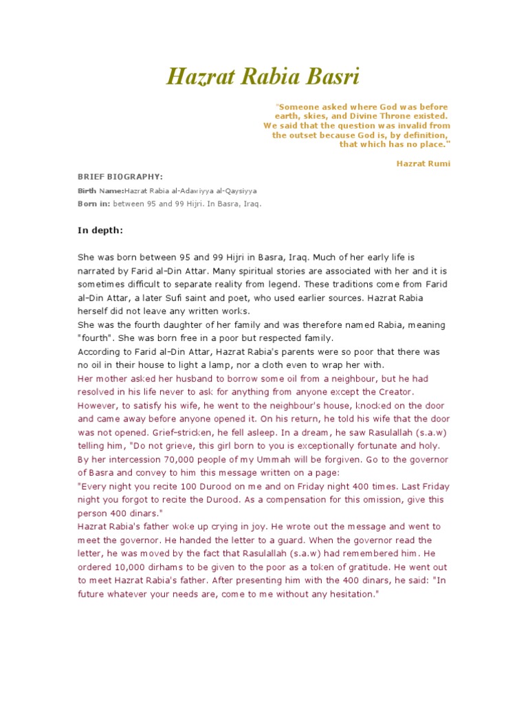 Biography of Hazrat Rabia Basri | PDF | Religious Behaviour And ...