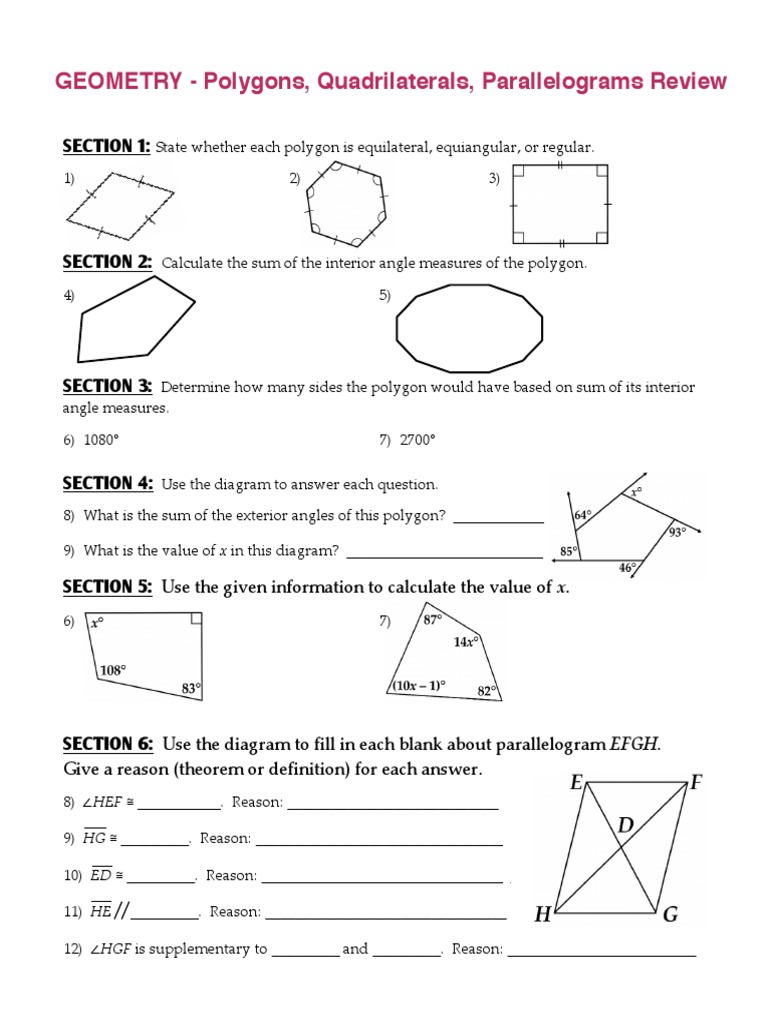 Geometry - Quadrilatera - Parallelogram Review Worksheet - Student | PDF | Rectangle ...