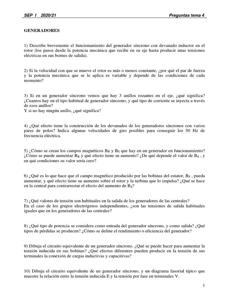 SEP1 Preguntas Tema 4 2021 Respuestas | PDF | Generador eléctrico | Inductor