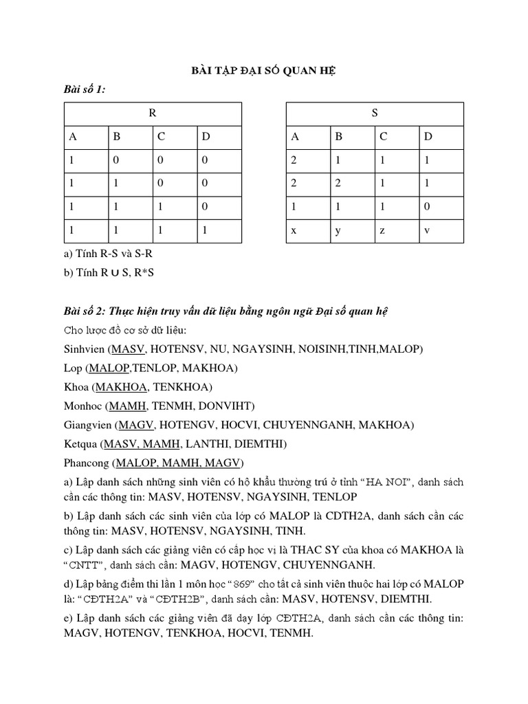 Bai Tap Dai So Quan He - Bai So 2 | PDF