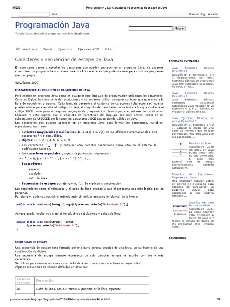 2-Programación Java - Caracteres y Secuencias de Escape de Java | PDF | Java (lenguaje de ...