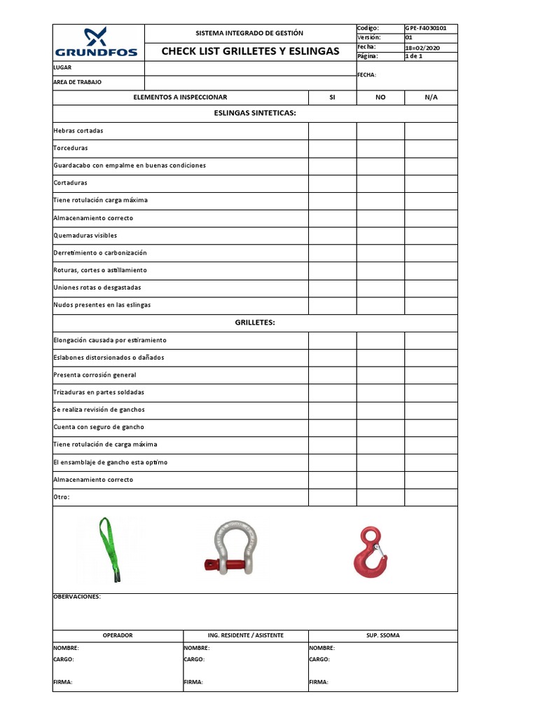 Check List Grilletas, Eslingas - Optimus | PDF