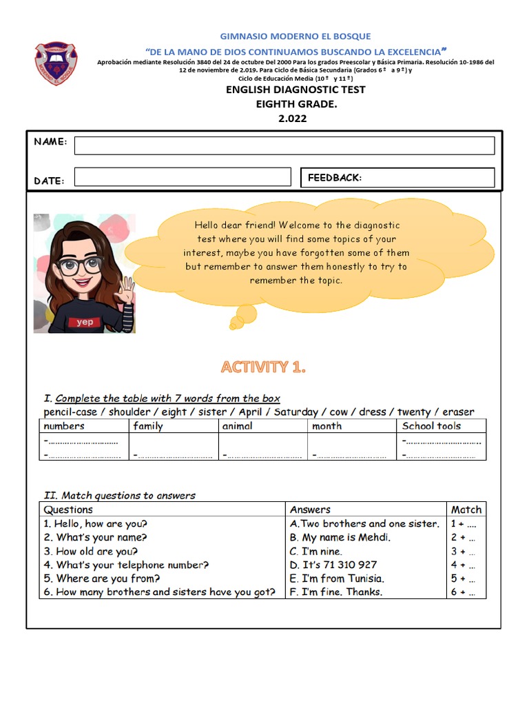 8TH Grade Diagnostic Test | PDF