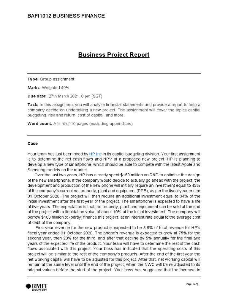Business Project Report | PDF | Cost Of Capital | Working Capital