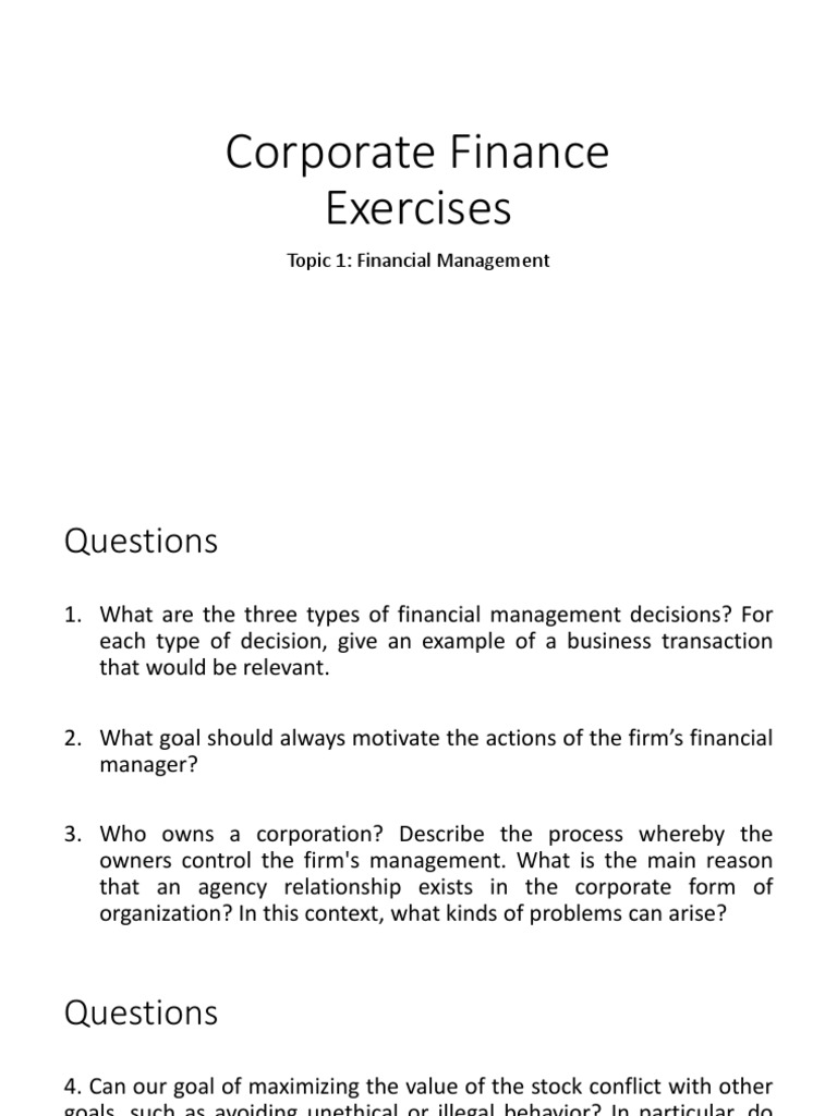 Corporate Finance Exercises: Topic 1: Financial Management | PDF ...