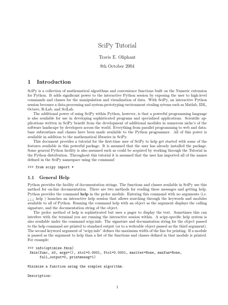Scipy Tutorial Travis E Oliphant 8th October 2004 Pdf