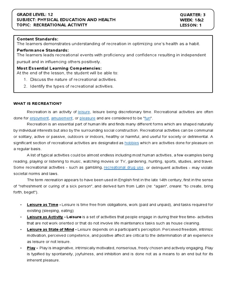 Grade Level: 12 Subject: Physical Education and Health Topic ...