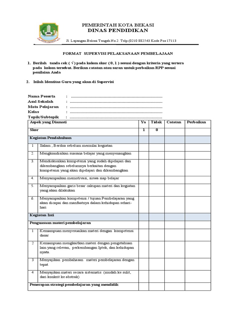 Format Supervisi Pembelajaran | PDF