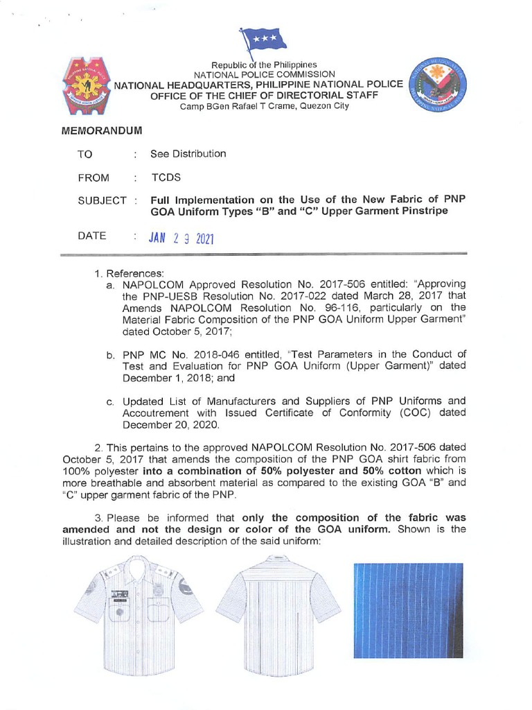 Full Implementation On The Use of The New Fabric of PNP GOA Uniform ...