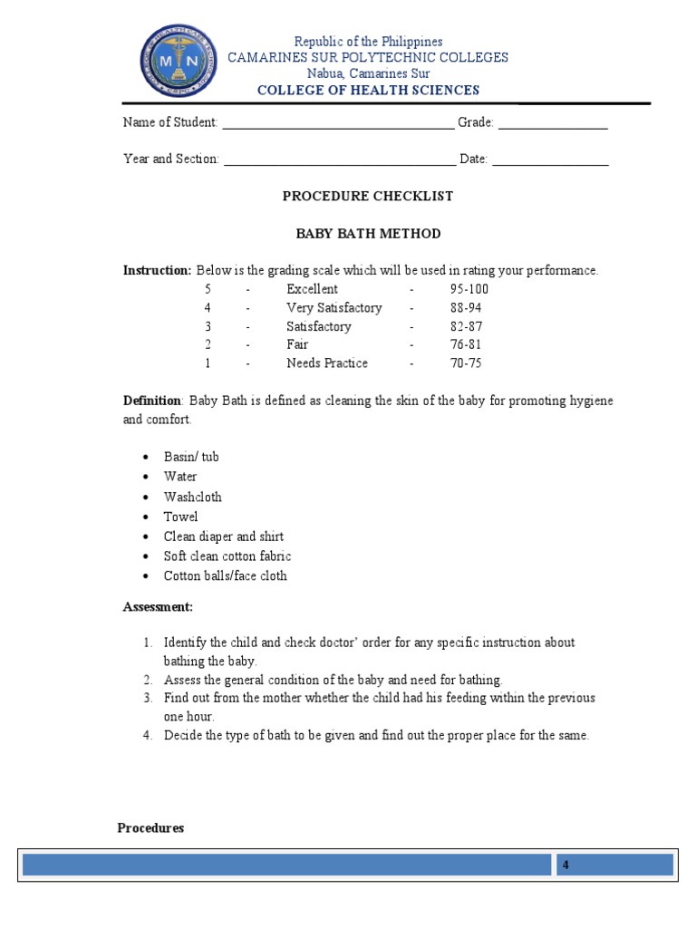Procedure Checklist Baby Bath Method Instruction: Below Is The Grading Scale Which Will Be Used ...