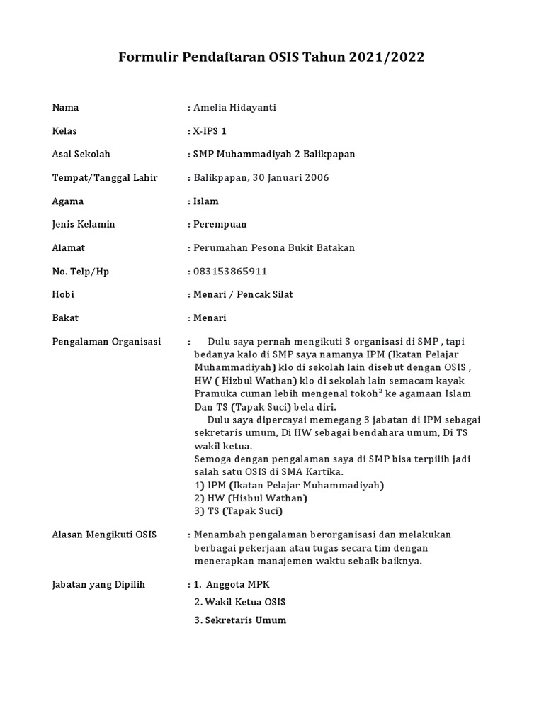 Formulir Pendaftaran OSIS Tahun 2021 | PDF