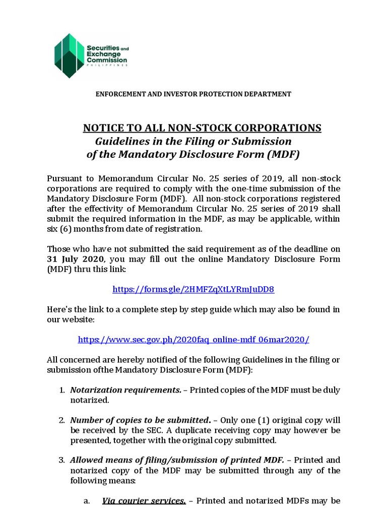 MDF Submission Guidelines for Non-Stock Corps | PDF | Mail | U.S ...