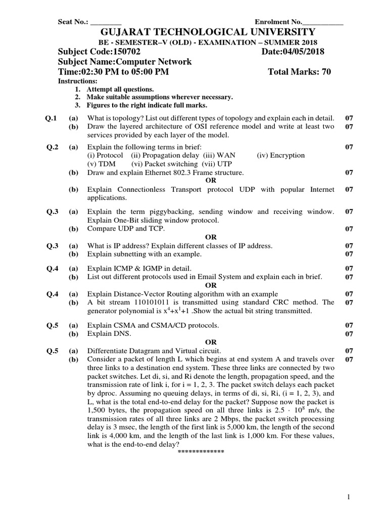 Computer Network Exam: Questions Covering Topics Such as Topology, OSI ...