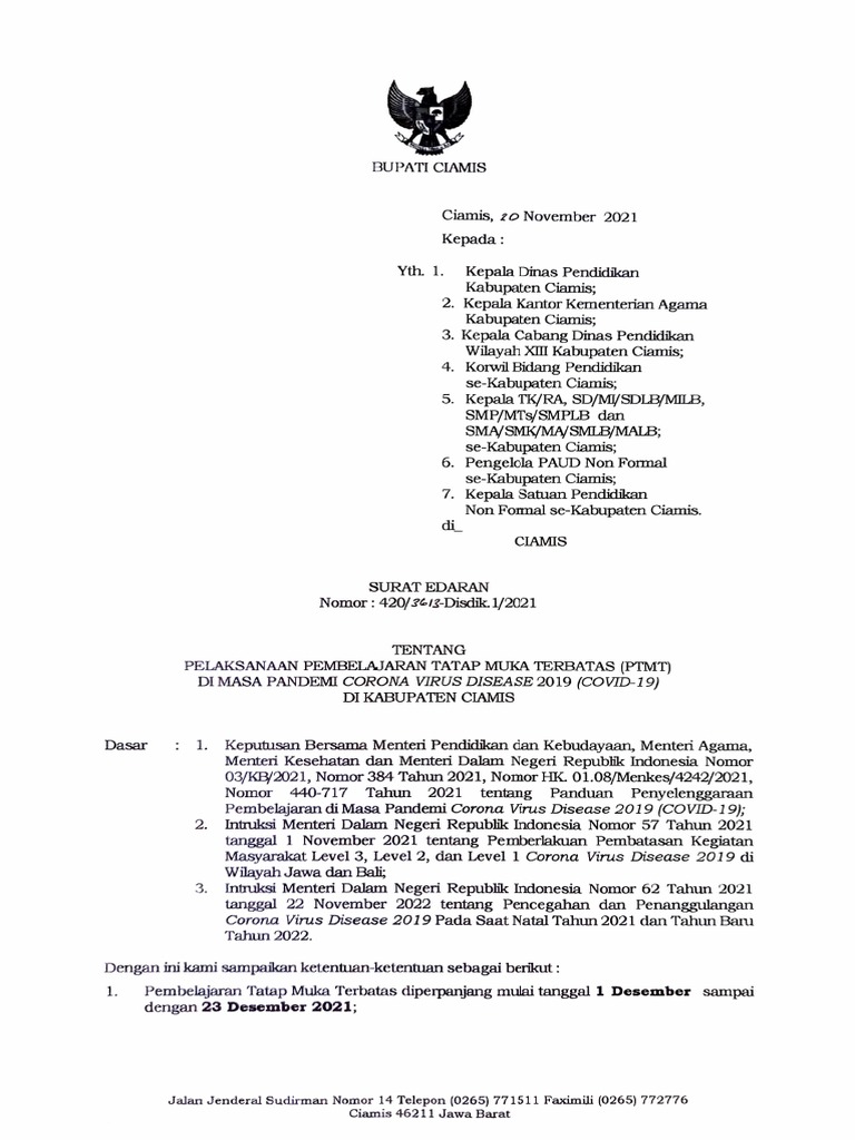 Surat Edaran Bupati Ciamis Tentang PTMT | PDF