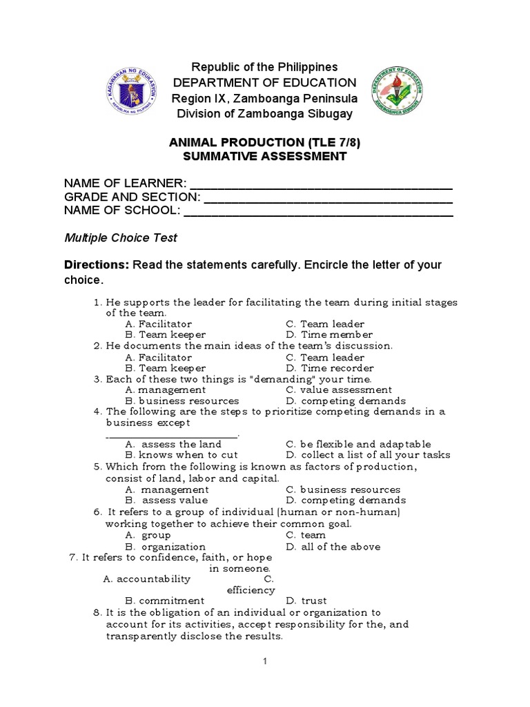 Summative Assessment on Animal Production Topics for Grade 7/8 Learners ...
