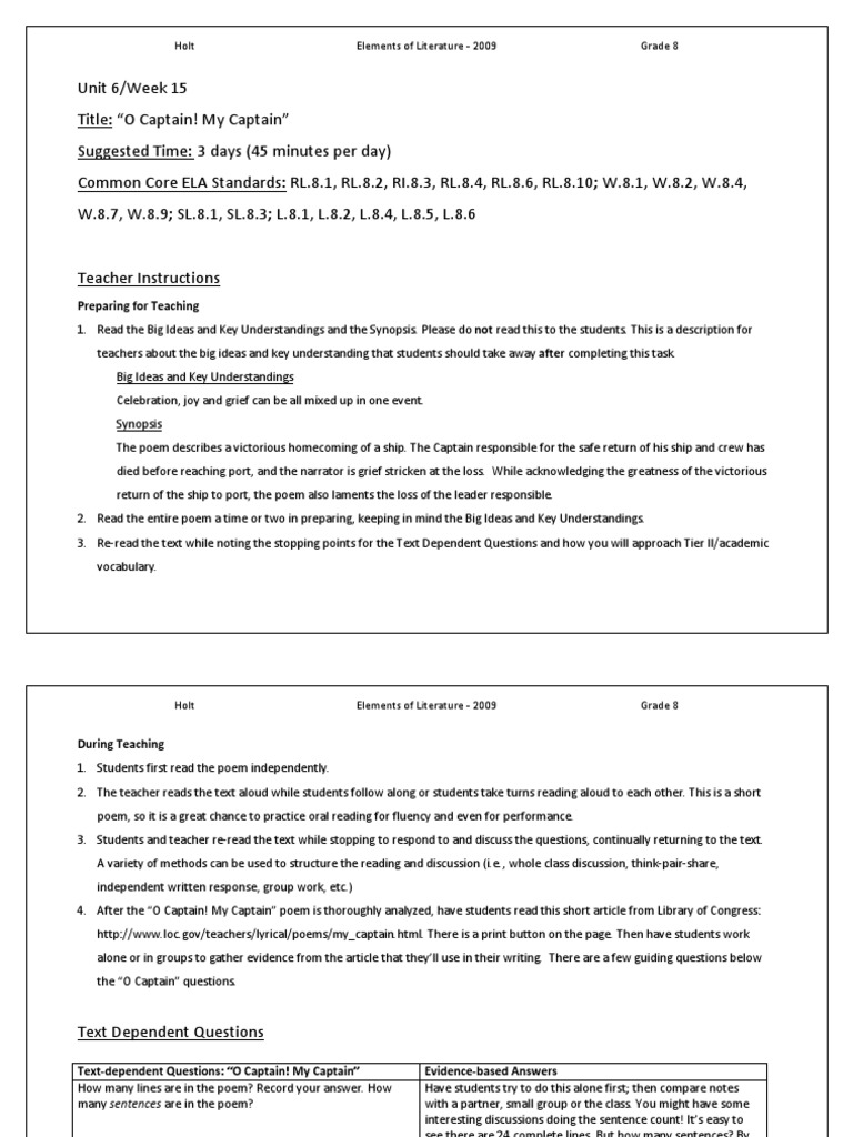 Analyzing "O Captain! My Captain!" | PDF | Poetry | Walt Whitman