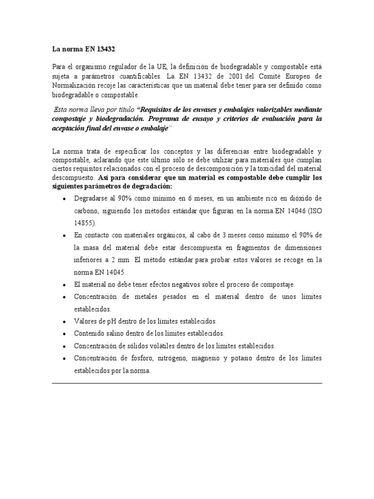 Norma EN 13432: Biodegradabilidad y Compostaje | PDF | Biodegradación ...