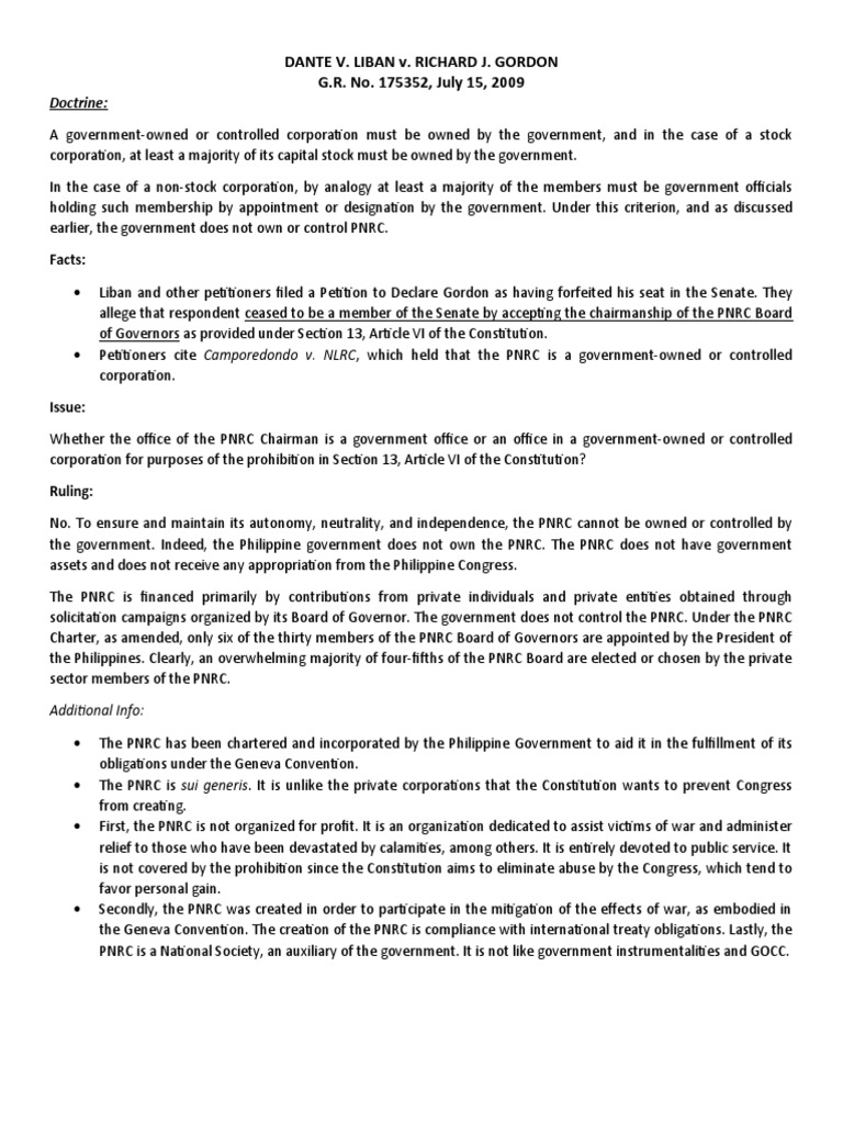 Dante V. Liban V. Richard J. Gordon G.R. No. 175352, July 15, 2009 ...