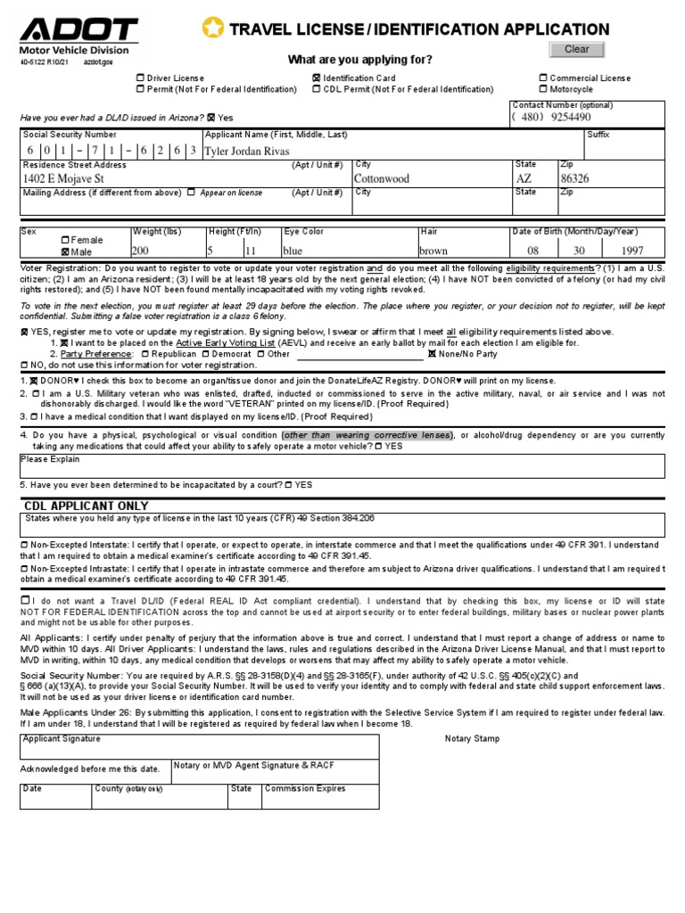 Tyler Rivas State ID App | PDF | Identity Document | Voter Registration