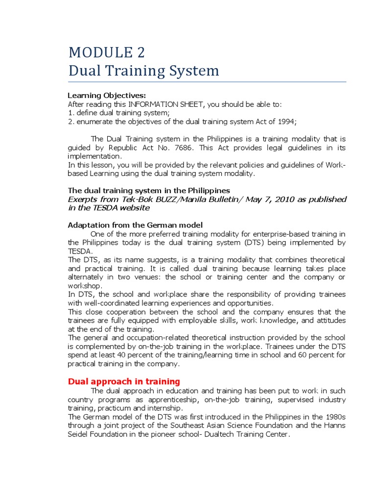 Module 2-Dual Training System | PDF | Vocational Education | Insurance