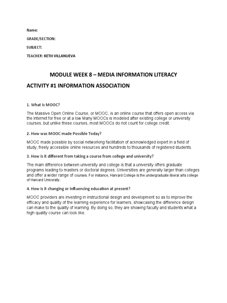 Module Week 8 - Media Information Literacy Activity #1 Information ...