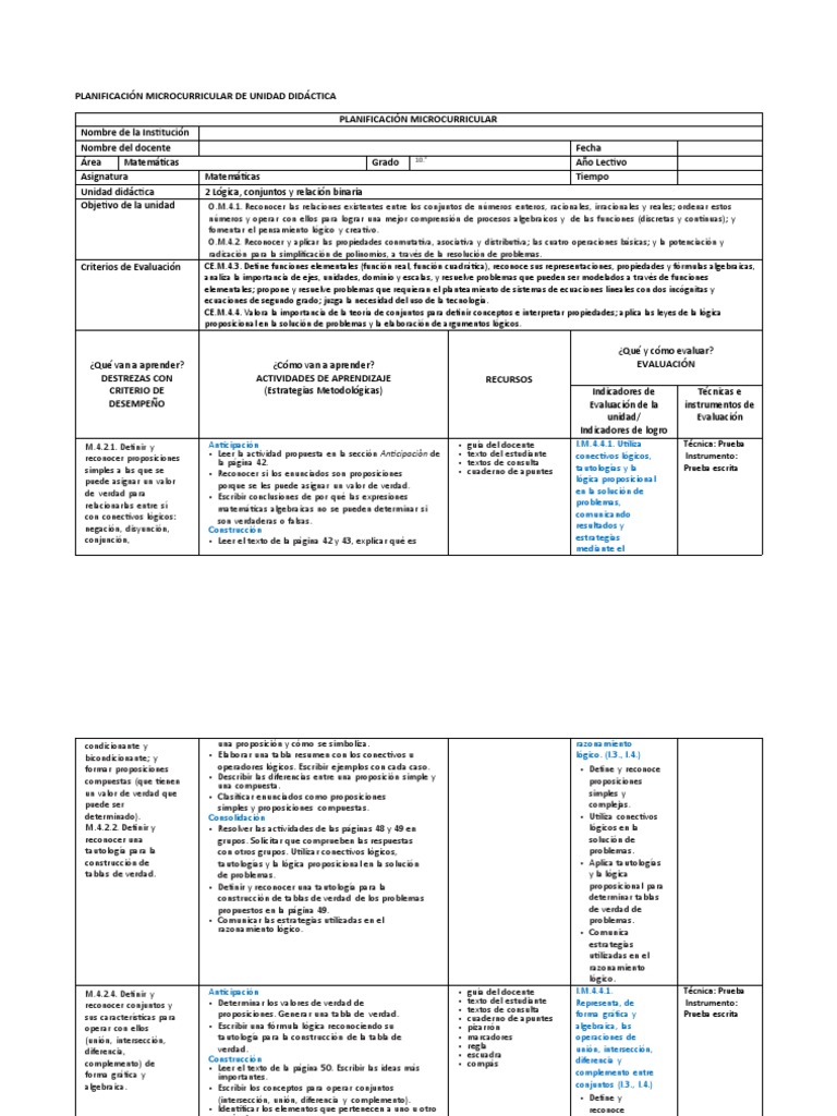 Mat10 Planif U2 | PDF | Proposición | Lógica