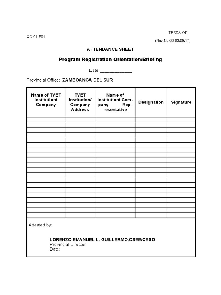 TESDA attendance sheet template | PDF