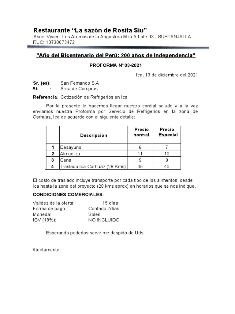 Proforma RESTAURANTE ROSITA SIU | PDF