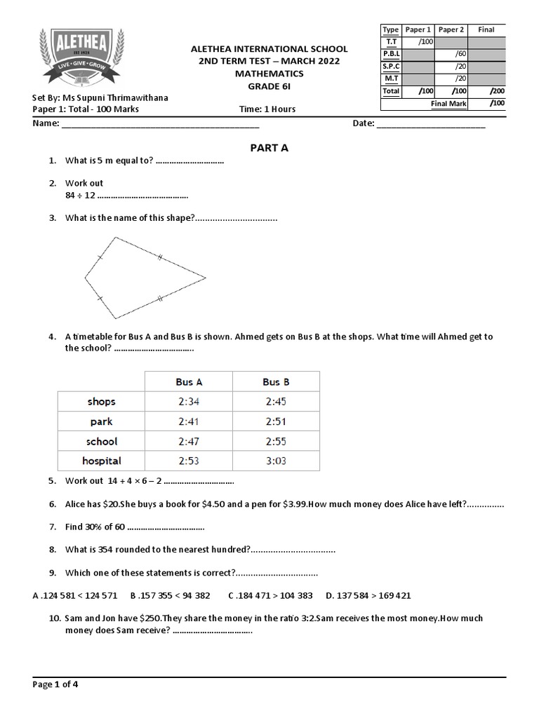 Part A: Alethea International School 2Nd Term Test - March 2022 ...